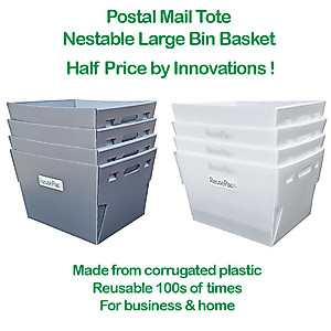 REUSEPAC Postal Mail Tote Nestable Box, Storage Bin Container, Laundry Basket for Home and Business, Corrugated Plastic, Lightweight, Heavy Duty, Foldable,10 Gal (nWhite 4 Pack)