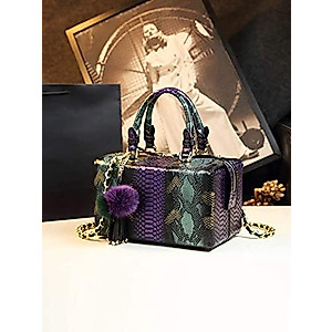 Shirt Luv Genuine Leather Women's Snake Pattern Handbags Chain Shoulder Crossbody Purses Box Top Handle Satchel Bags (Purple)