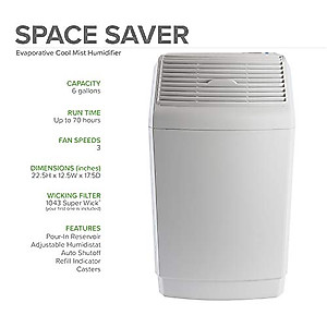 AIRCARE Space Saver Large Evaporative Whole House Commercial 6 Gallon Humidifier for Large Rooms 2,700 sq ft. With Digital Controls, Auto Humidistat and Automatic Shut Off