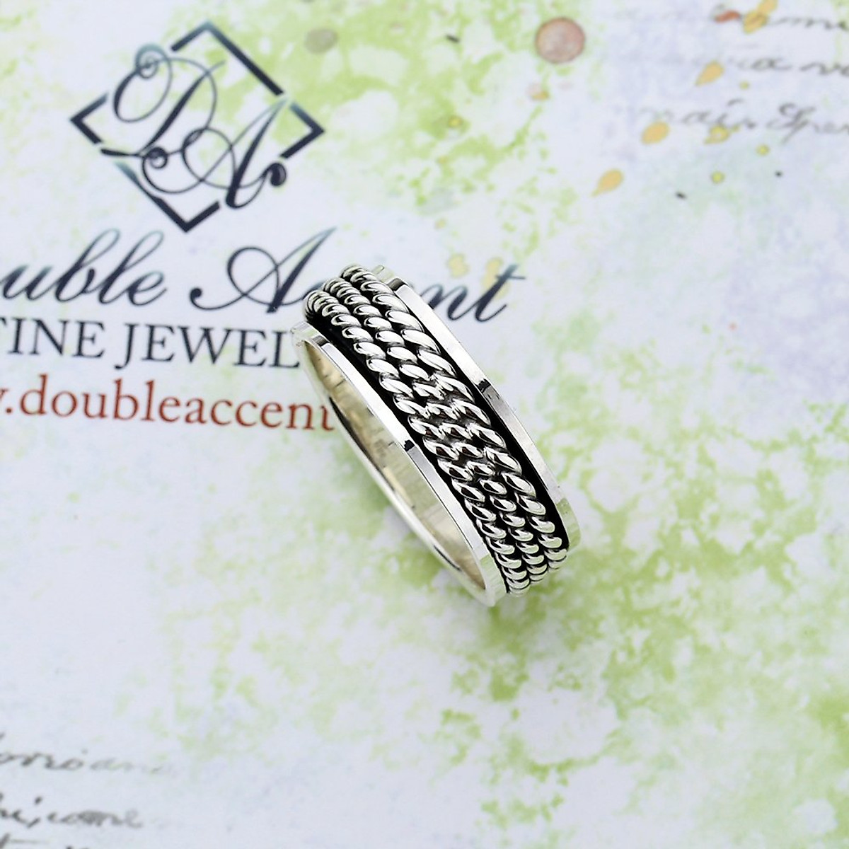 DoubleAccent Sterling Silver Wedding Band Braided Rope Disign Spinner Ring (Size 4 to 14) Size 13