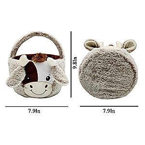 Highland Cow Easter Basket, Plush Cute Bag Buckets With Plush Ear, Small Mini Easter Storage Tote Bag For Candy Egg (White)