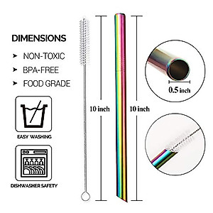 5 Pcs 10" Reusable Boba Straws & Smoothie Straws - Rainbow Colors & Angled Tips, 0.5" Wide Stainless Steel Straws, Metal Straws for Bubble Tea, Milkshakes, Jumbo Drinks | 2 Cleanning Brushes & 1 Case