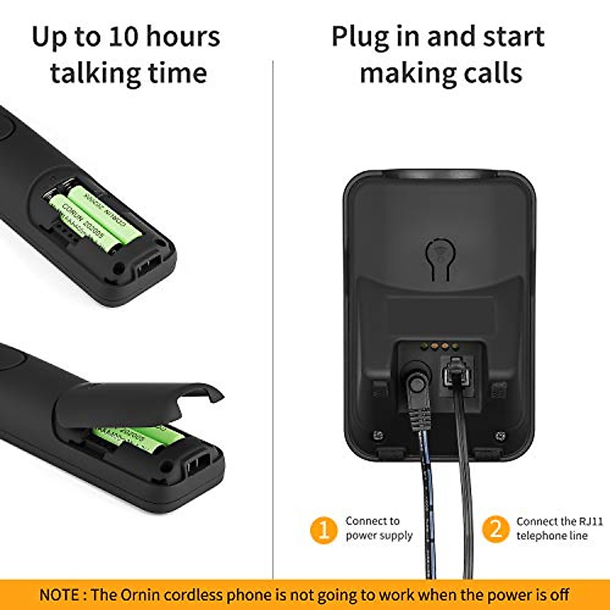 Ornin D1005 Cordless Landline Telephone for Home and Office Use, ECO Technology, Rubber Oil Injection(Single Pack, Black)…