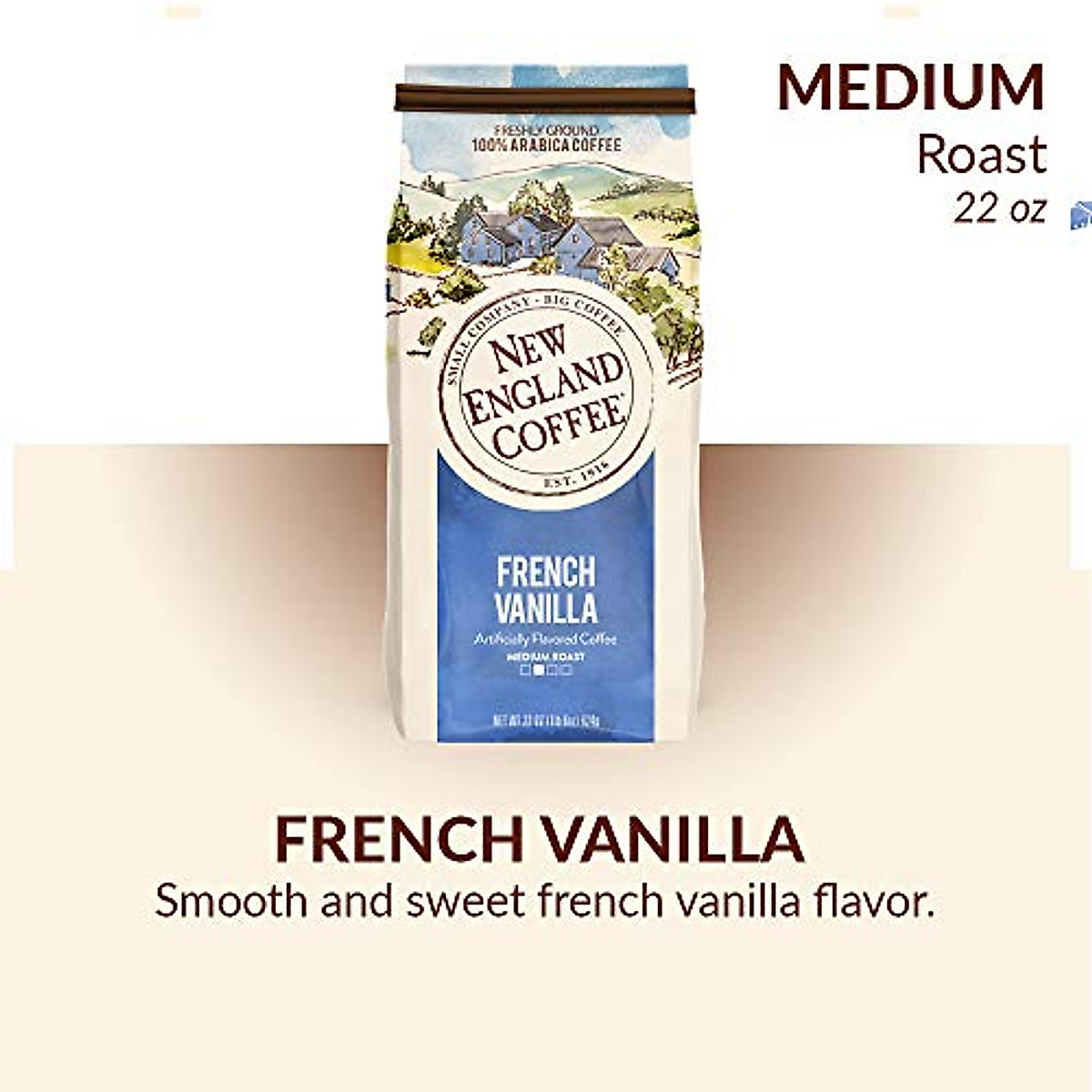 New England Coffee French Vanilla Medium Roast Ground Coffee, 22oz Bag (Pack of 1)