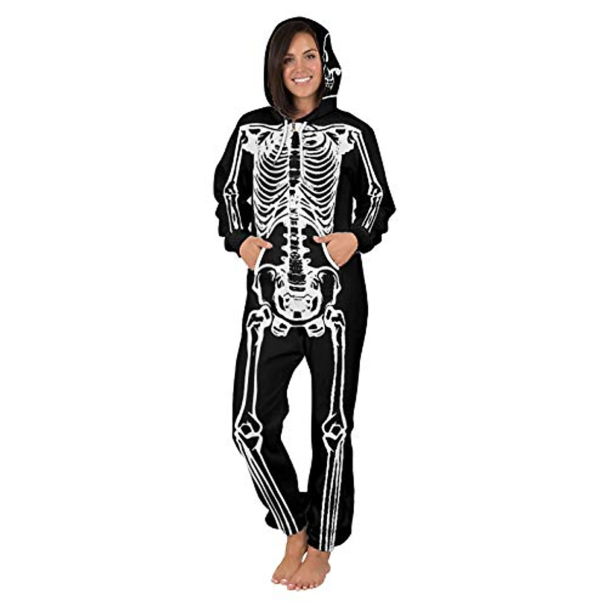 Nawoshow Women Men Long Sleeve Playsuit Adult Onesie Jumpsuit Pajamas (Skeleton, L/XL)