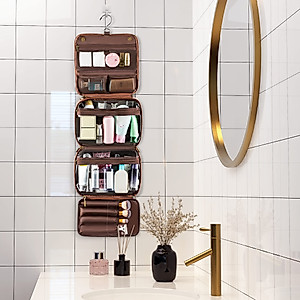 Elviros Hanging Toiletry Bag Removable Travel Bag PU leather Makeup Cosmetic Organizer Kit, Dark Brown