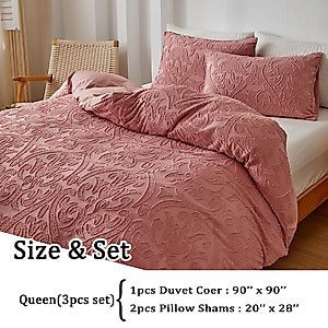 Warmarky Pink Duvet Cover Queen Size Boho Tufted Duvet Cover Queen(90x90’’) Soft Breathable Cation Microfiber Light-Weight Bedding Set,1pcs Comforter Cover,2pcs Envelop Pillowcase
