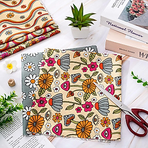 Whaline 12Pcs Retro Floral Cotton Fabric Bundles Rose Pink Boho Flower Rainbow Fat Quarters Groovy Hippie Quilting Patchwork for DIY Handmade Crafting, 18 x 22 Inch