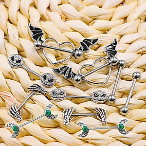 FLOGWE 14G 316L Devil Heart Nipple Rings Halloween Stainless Steel Skull Bat Nipple Barbells Body Pierced Jewelry for Women Men