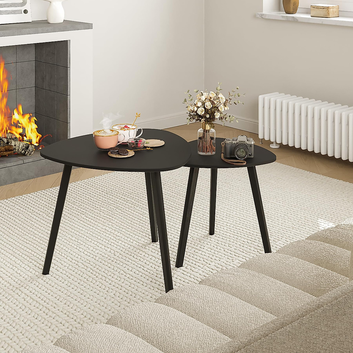 BAMEOS Bamboo Nesting Triangle End Table,Set of 2 Coffee Table Modern Minimalist Side Table for Living Room (Black)