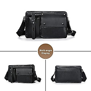 Men's Small Crossbody Shoulder Bag Multi-Pocket Satchel Bags Genuine Leather Business Commuting Messenger Bag (Black)