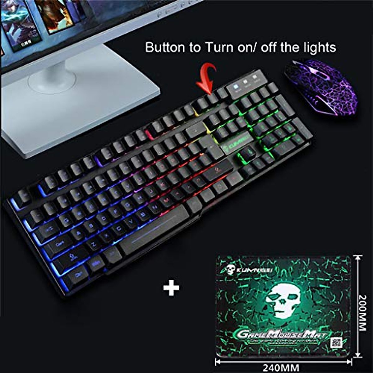 Sdoveb Gaming Keyboard Mouse and Mouse pad Combo, Rainbow LED Backlit Keyboard Mouse, for Windows XP, Vista 7/8/10, OSX Systems (Black)