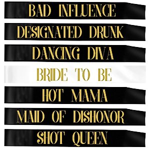 Bachelorette Sash Set (7 pcs) - Bride to Be Sash Bachelorette Party Decorations - Bride and Bridesmaid Sashes for Bachelorette party decorations (Black, Gold letters). Ideal Bridal Shower Supplies