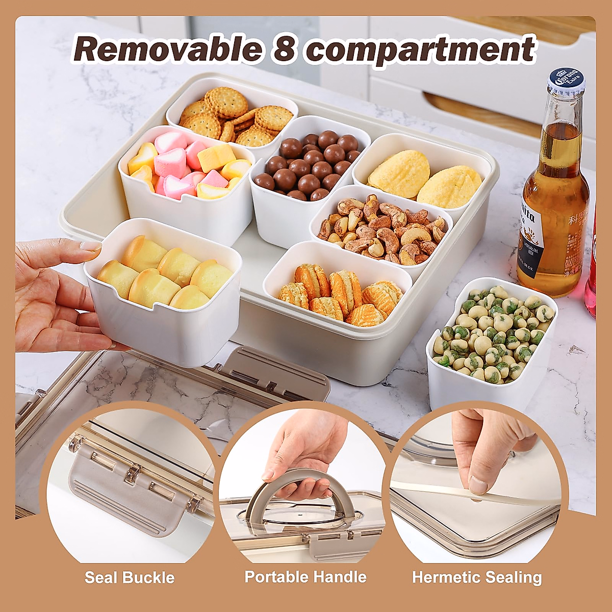 Platters-Snackle Box Charcuterie Container,Divided Serving Tray with Lid and Handle for Fridge,Snack Box Container Portable,8 Compartment Fruits Candy Veggie Trays,Perfect for Party Travel Picnic