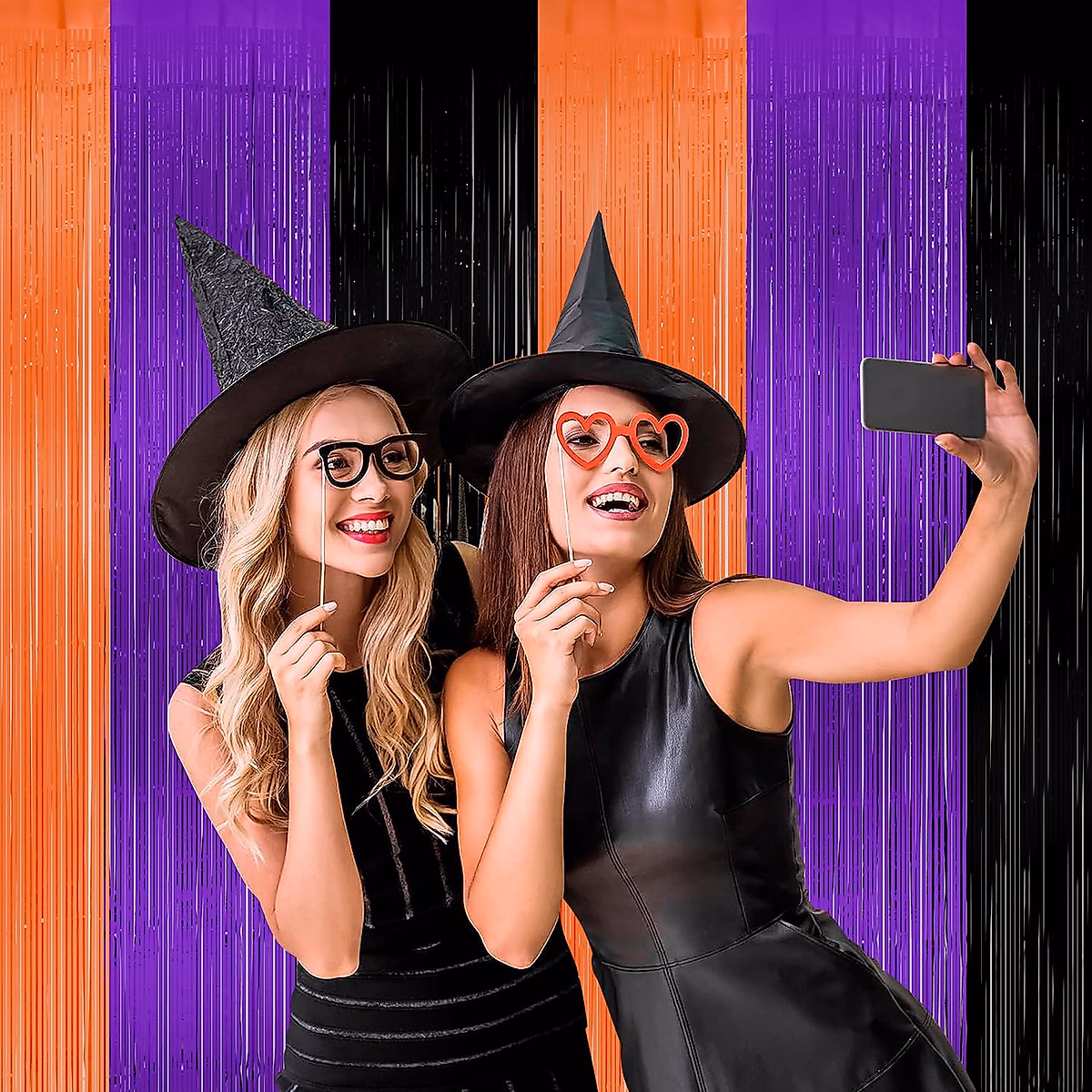 Halloween Backdrop Curtains 3 Pack 8.5X9.84 ft Halloween Party Photo Backdrop Black Orange Purple Photo Booth Props Metallic Tinsel Foil Fringe Curtain for Halloween Party Decoration Supplies