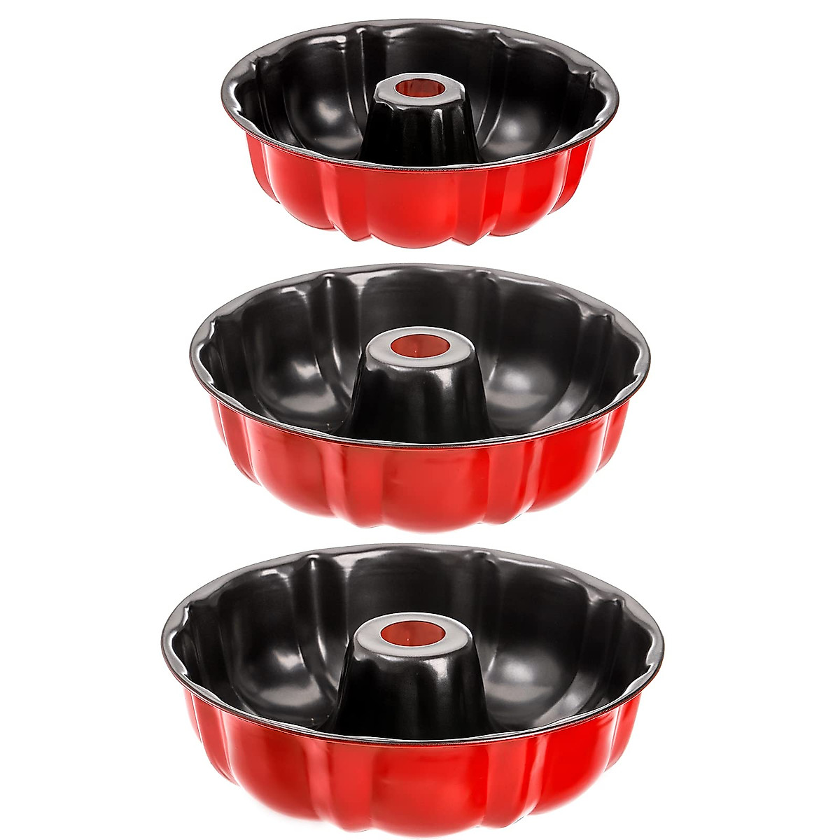 Tosnail Set of 3 Non-Stick Fluted Cake Pan, Tube Pan Round Cake Pan Steel Baking Pan Instant Pot Bakeware - 7", 8.5", 9.5", Red