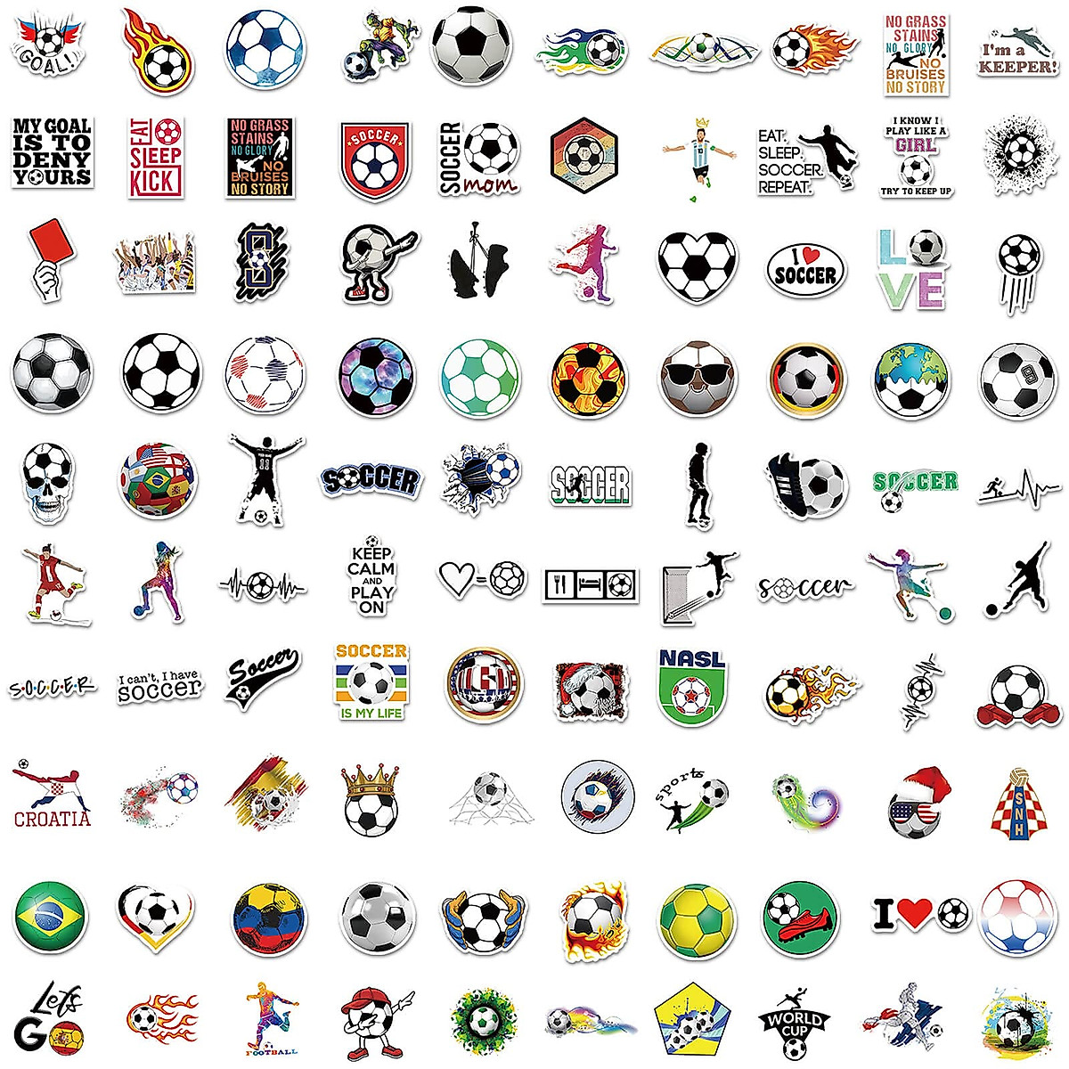 100PCS Soccer Stickers for Scrapbooking, Motivational Vinyl Waterproof Stickers for Water Bottles, Luggage, Teaching Incentives, Soccer Team Gifts for Kids, Teens and Adults