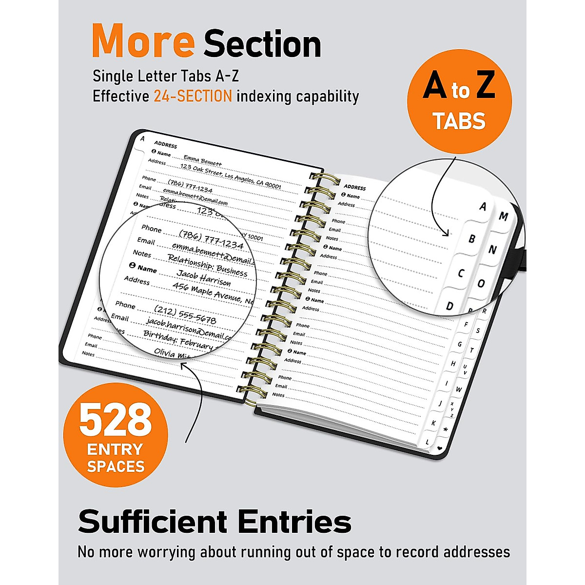 WEMATE Spiral Address Book with Alphabetical Tabs, Leather Password Book, Address Organizer Telephone Notebook Journal Keep Contact Safe Hardcover Large Print for Seniors Home Office 5.8″×8.2″, Black