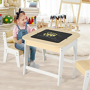 HONEY JOY Kids Table and Chair Set, 3-in-1 Children Wooden Activity Table and 2 Chairs for Art Craft, Reversible Blackboard, 3 PCS Toddler Furniture with Storage, Gift for Boys Girls (Natural)