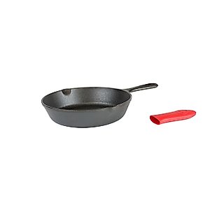 Lodge Cast Iron Skillet with Red Mini Silicone Hot Handle Holder, 8-inch