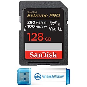 SanDisk 128GB Extreme Pro SD UHS-II Memory Card Works with Canon EOS R3 and EOS R10 Mirrorless Camera (SDSDXEP-128G-GN4IN) Bundle with (1) Everything But Stromboli 3.0 Micro & SDXC Card Reader