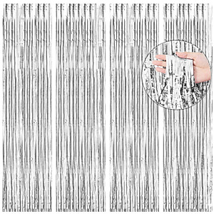 BTSD-home Silver Foil Fringe Curtain, Metallic Photo Booth Backdrop Tinsel Door Curtains for Wedding Birthday Bridal Shower Baby Shower Bachelorette Christmas Party Decorations(4 Pack, 8ft x 3ft)