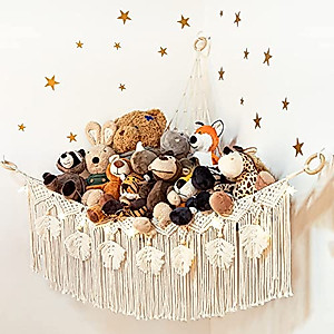 Macrame Stuffed Animal Toy Net Hammock with Star Light, Small Plushies Boho Storage for Nursery Room, Large Corner Wall Hanging Organizer for Kids, Bohemian Woven Decor Display Holder for Girls Boy
