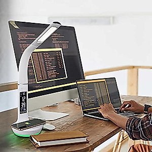 OttLite Desk Lamp with Clock and Wireless Charging Station – Adjustable Neck, Touch Controls, 3 Color Temperatures, ClearSun LED, Clock Display, for Work, Study, Reading, Crafting ( White )