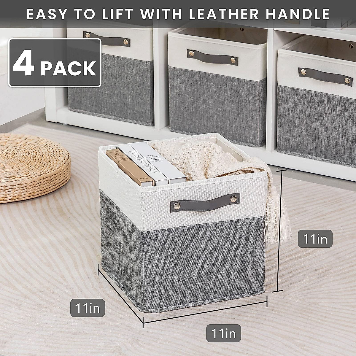 DULLEMELO 11x11 Cube Storage Bins, Foldable Fabric Cubby Baskets 11 x 11 storage cubes for Organizing Toys Books Towels Clothes, Cube Storage Organizer Bins for Shelves Closet Home Office, White&Grey