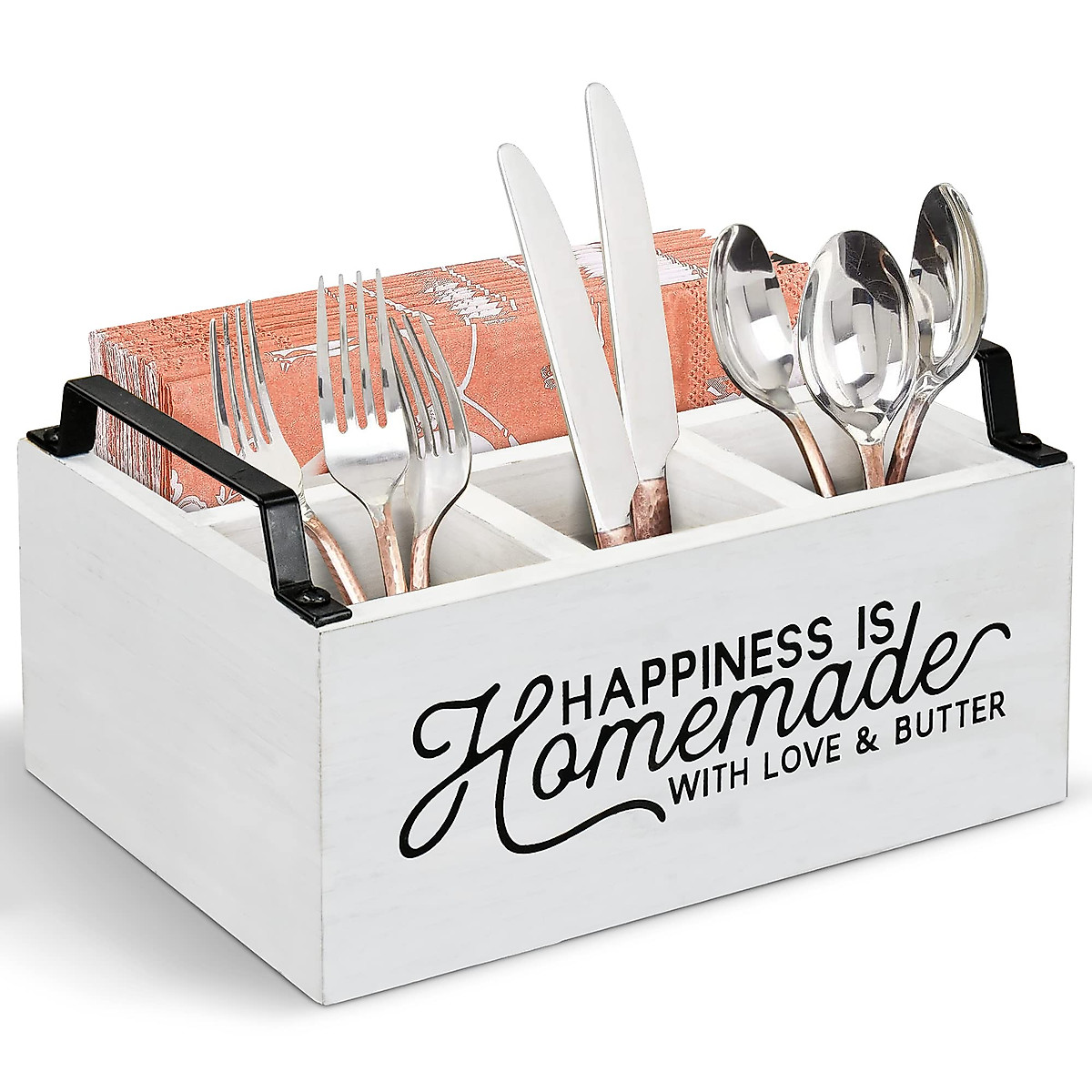 Updesign Rustic/Country Wooden Rectangular Utensil Caddy Organizer for Kitchen Counter, Tabletop, Party, BBQ