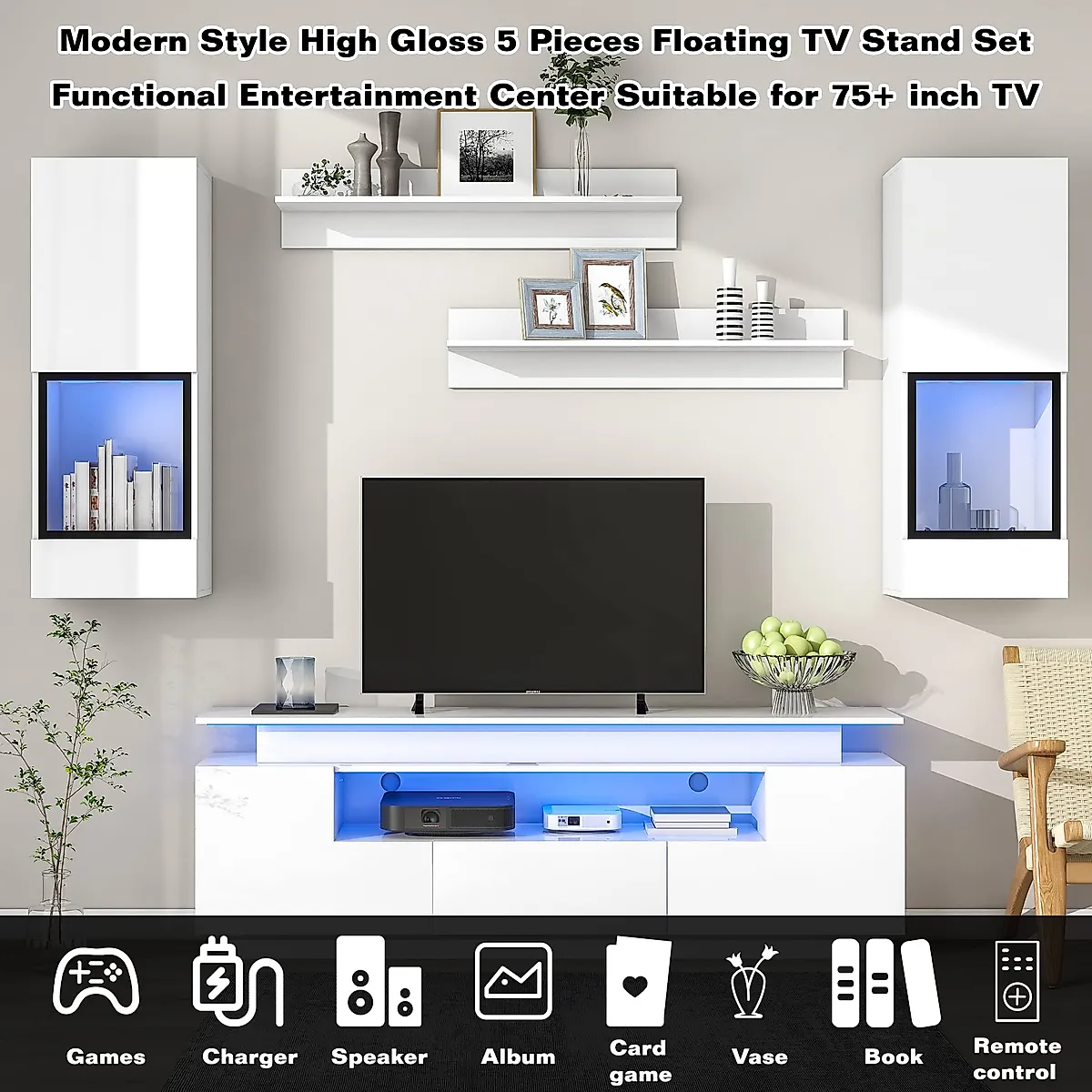 Merax 5 Pieces Floating Functional TV Stand Set, High Gloss Wall Mounted Entertainment Center with 16-Color LED Light Strips for 75+ inch Television, White-9