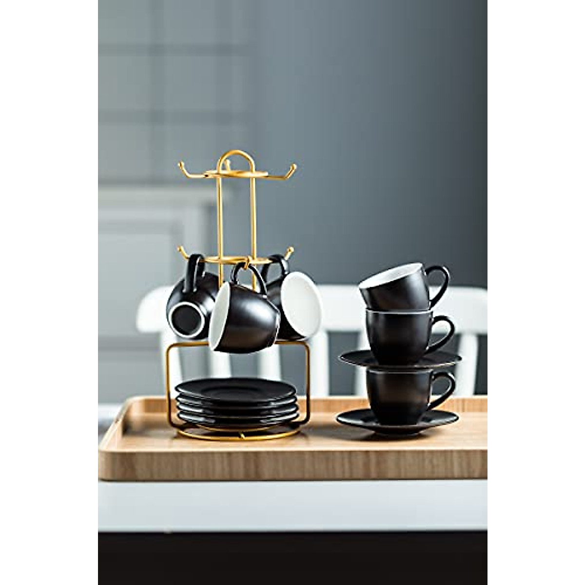 YHOSSEUN 3 Ounces Espresso Cups with Saucers Set, Porcelain Latte Cups and Metal Stand Demitasse Cups for Espresso, Latte, Cafe Mocha, Cappuccino and Tea, Set of 6, Black