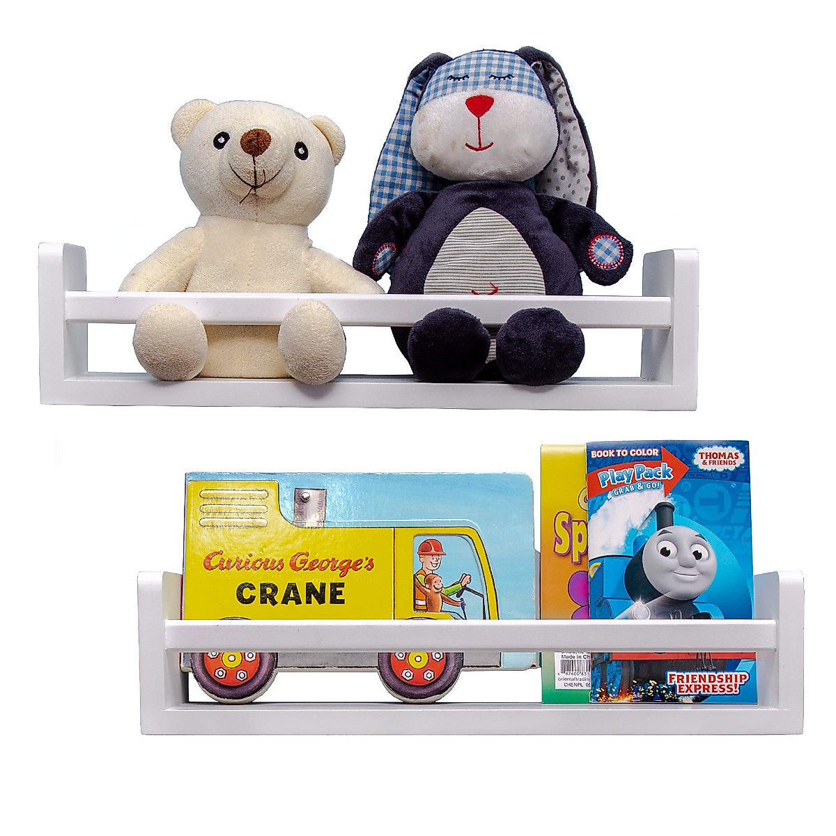 MASHBA Nursery Floating Shelf, Set of 2, White Wall Mounted Bookshelves for Organizing Books, Toy Storage, Knick Knacks, and Cute Home Decor