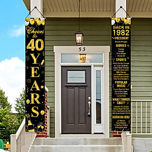 40th Birthday Door Banner Decorations for Women Men, 2Pcs Black Gold Cheers to 40 Years Back in 1982 Backdrop Party Supplies, Happy 40 Year Old Birthday Door Porch Decor Sign