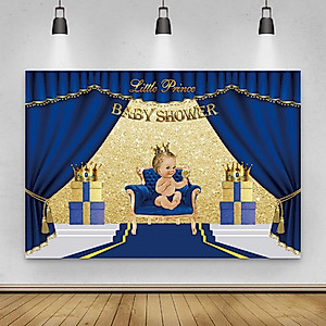 DORCEV 8x5ft Royal Little Prince Baby Shower Photography Backdrop Blue Curtain Carpet Gold Crown Background for Royal Newborn Baby Shower Party Supplies Photo Studio Props