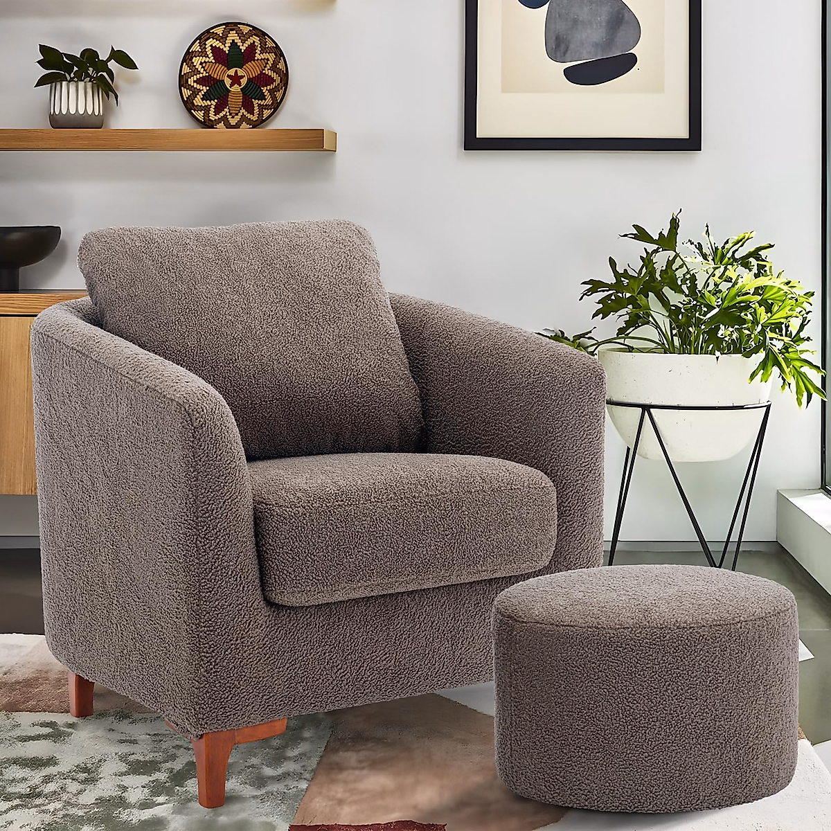 COLAMY Sherpa Accent Chair with Storage Ottoman Set, Upholstered Arm Chair with Footrest, Modern Living Room Chair with Back Pillow and Wooden Legs for Bedroom, Corner, Reading Nook, Brown