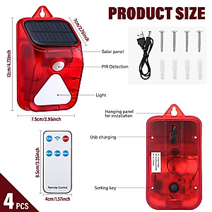 4 Pack Solar Alarm Motion Detector with Sound Light 129dB 6 LEDs Strobe Alarm Motion Sensor Outdoor Security Alarm Siren Waterproof Motion Activated Alarms for Farm, Barn, Villa, Home, Yard