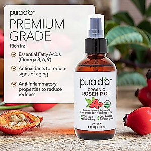 PURA D'OR Organic Rosehip Seed Oil,100% Pure Cold Pressed USDA Certified All Natural Moisturizer Facial Serum For Anti-Aging,Acne Scar Treatment,Gua Sha Massage,Face,Hair & Skin,Women & Men,4oz