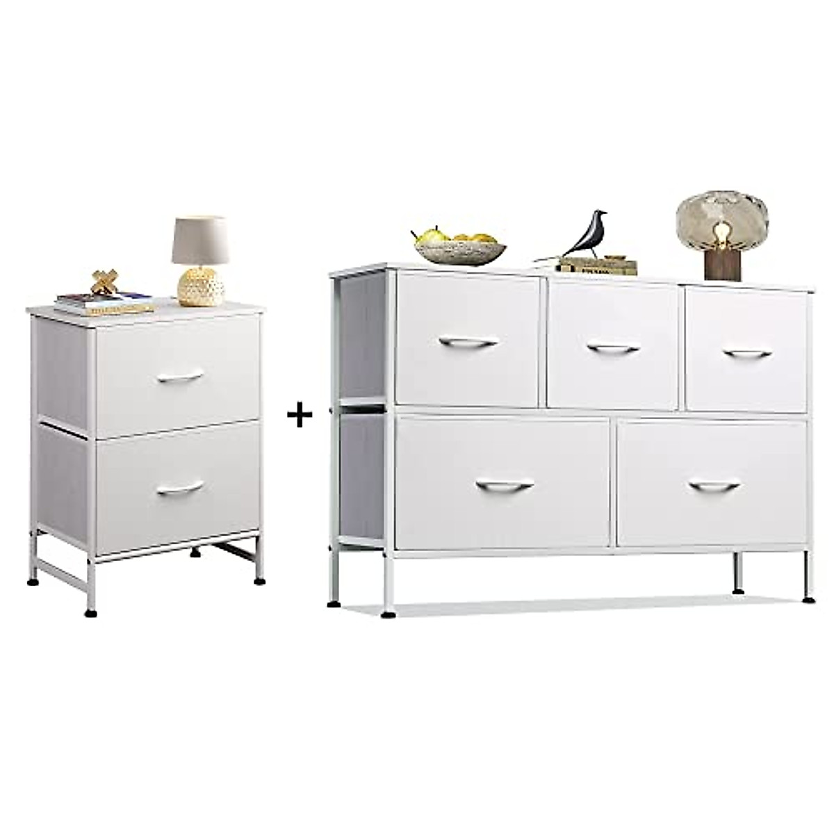 WLIVE 2-Drawer Nightstand and 5-Drawer Dresser Set, Dressers for Bedroom, Fabric Storage Tower, Hallway, Entryway, Closets, Sturdy Steel Frame, Wood Top, Easy Pull Handle (White)