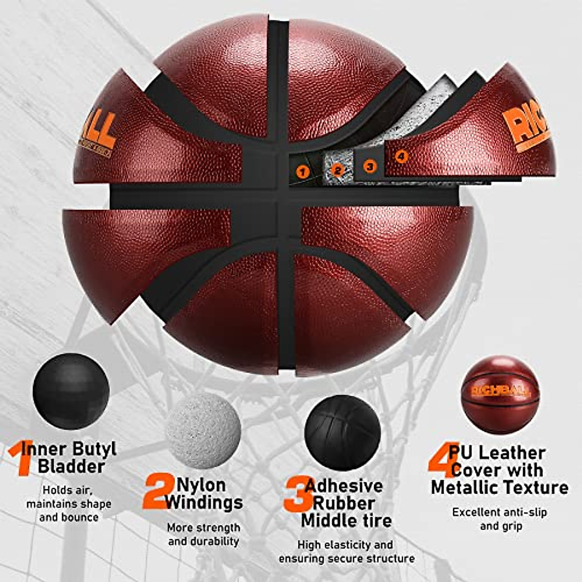 Richball Basketball Official Size 7 (29.5"), Composite Leather Basketball for Adult, Indoor Outdoor Street Men Basketball Games with Pump