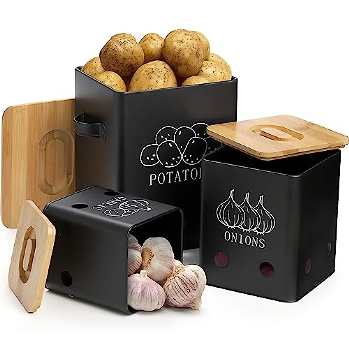 WUWEOT 3 Pack Vegetable Storage Bin, Potato Onion Garlic Storage Canister, Black Metal Vegetable Fresh Keeper Caddy, Kitchen Pantry Organizer Jars with Bamboo Lid and Aerating Holes