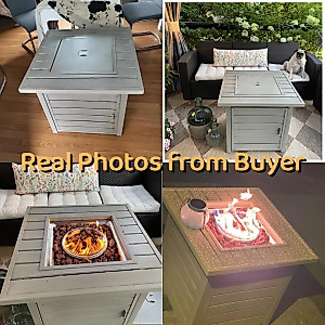 OutVue 28 Inch Propane Fire Pit Table, Outdoor Gas Fire Pits with Lid & Lava Rock, 50000 BTU Firepit for Dinning, Party in Outside, Patio, Garden or Yard (Light Grey)