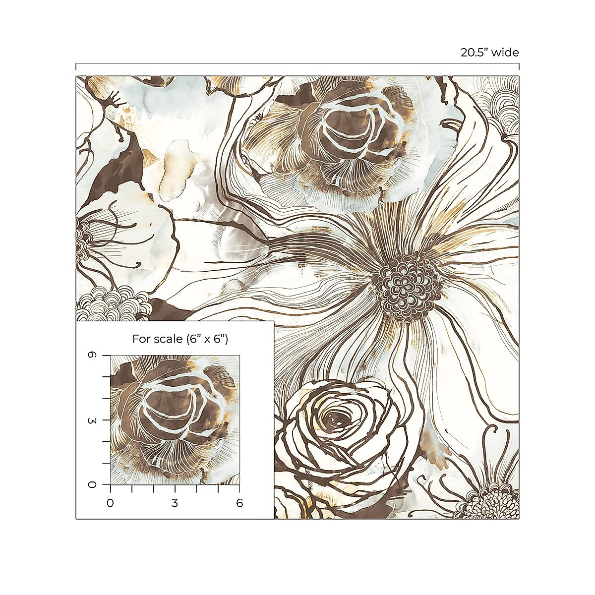 NextWall Harry & Grace Ink Rose Abstract Floral Peel and Stick Wallpaper (Mocha & Blue Mist)