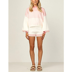 Arssm 2 Piece Sets for Women Casual Knitted Striped Crewneck Pullover Long Sleeve Sweater Shorts Lounge Outfits (White-XL)