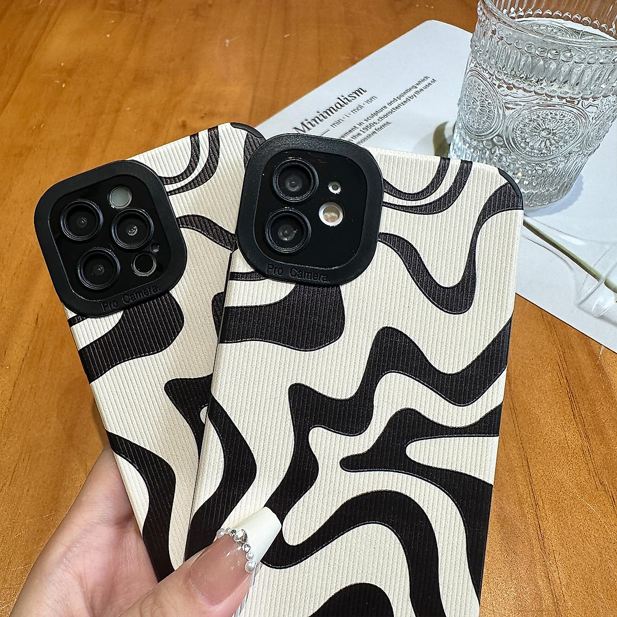 Sayoaho Designed for iPhone 14 Pro Max Phone Case, Soft PU Leather TPU and Cute Art Wavy Painted for Women Girls, Slim Protective Shockproof Compatible with iPhone Case (Beige, iPhone 14 Pro Max)