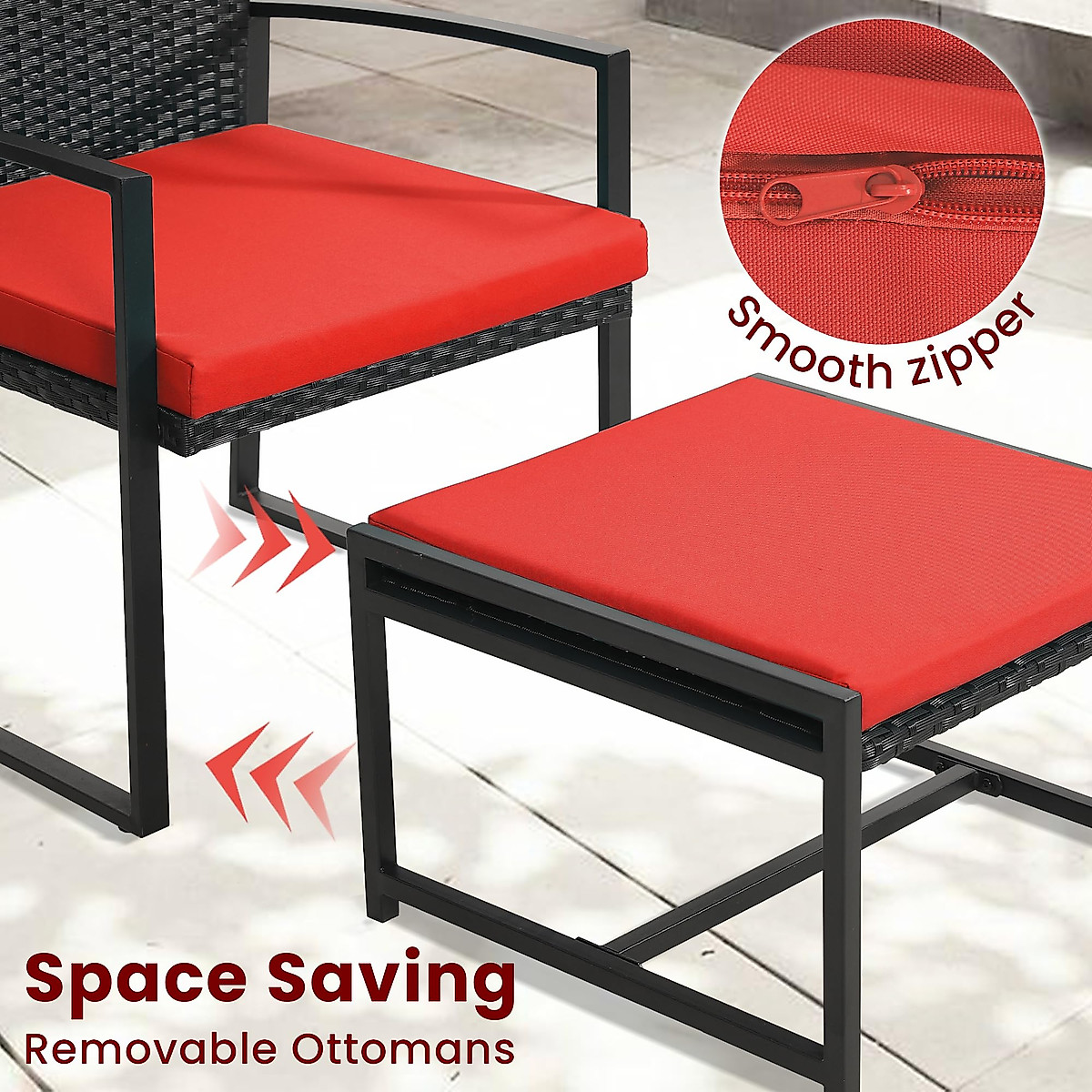 Murago 5 Pieces Wicker Patio Conversation Sets, Rattan Furniture Set with Coffee Table and 2 Ottomans, Ideal for Porch, Garden, Yard, Poolside, Black Rattan with Red Cushion