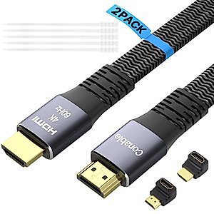 Flat HDMI Cable (2 Pack, 2FT+ 2FT), 4K HDMI High Speed Braided Cord, Pure Copper, Supports 4K@60Hz 2160p 1080p HDR HDCP 2.2 ARC Full 3D (with 25 Ties and 2 HDMI Adapters)- 2 Feet-2 Pack