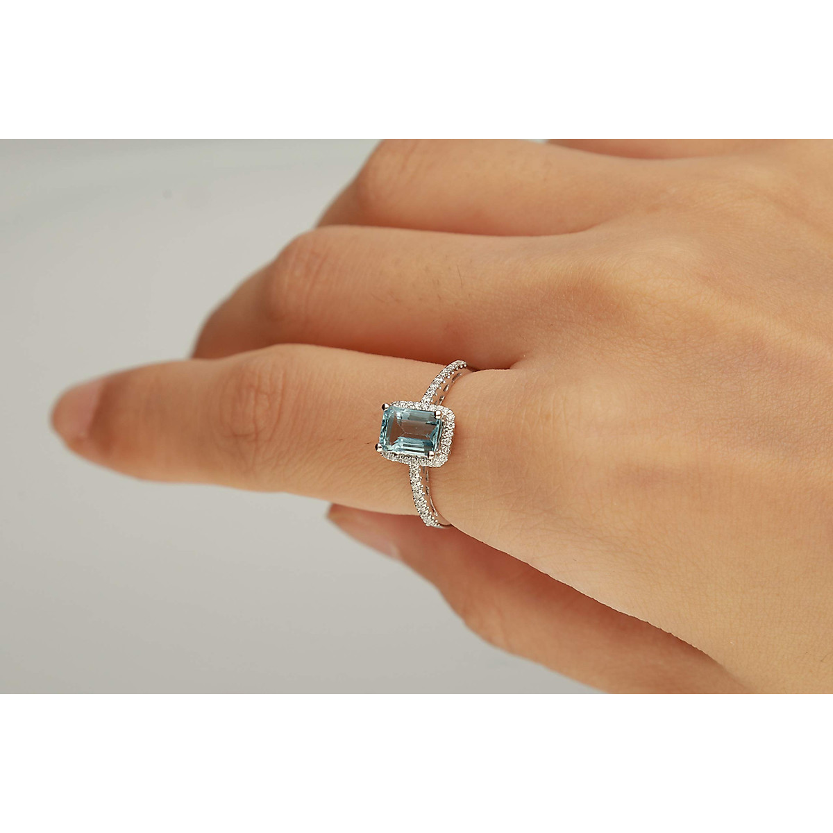 Gin & Grace 10K White Gold Genuine Aquamarine Ring with Diamonds for Women | Ethically, authentically & organically sourced (Emerald-Cut) Shaped Aquamarine Hand-Crafted Jewelry for her.