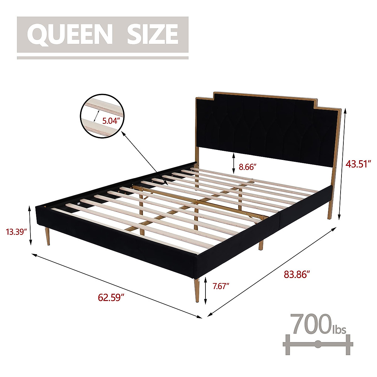 AGARTT Upholstered Platform Queen Size Bed Frame with Headboard Premium Stable Wood Slat Support No Box Spring Required Black