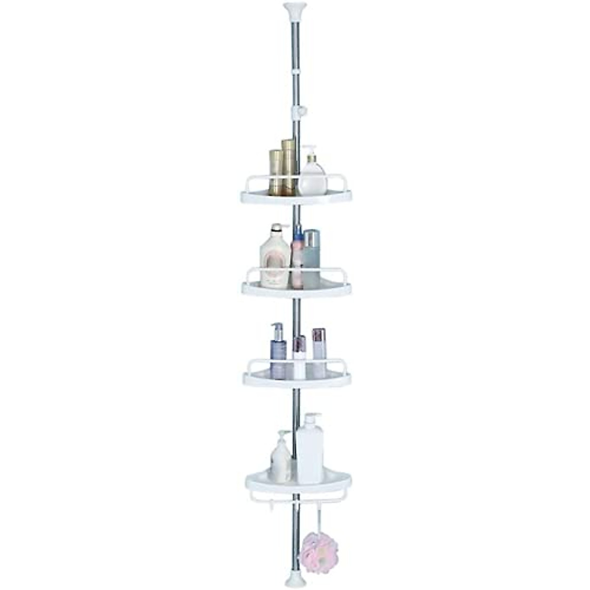 BAOYOUNI 4 Tier Shower Pole Caddy Tension Rod Adjustable Corner Storage Rack Organizer Stand Vertical Tall Bathtub Shelf Floor to Ceiling Extendable Bathroom Space Saver - Ivory